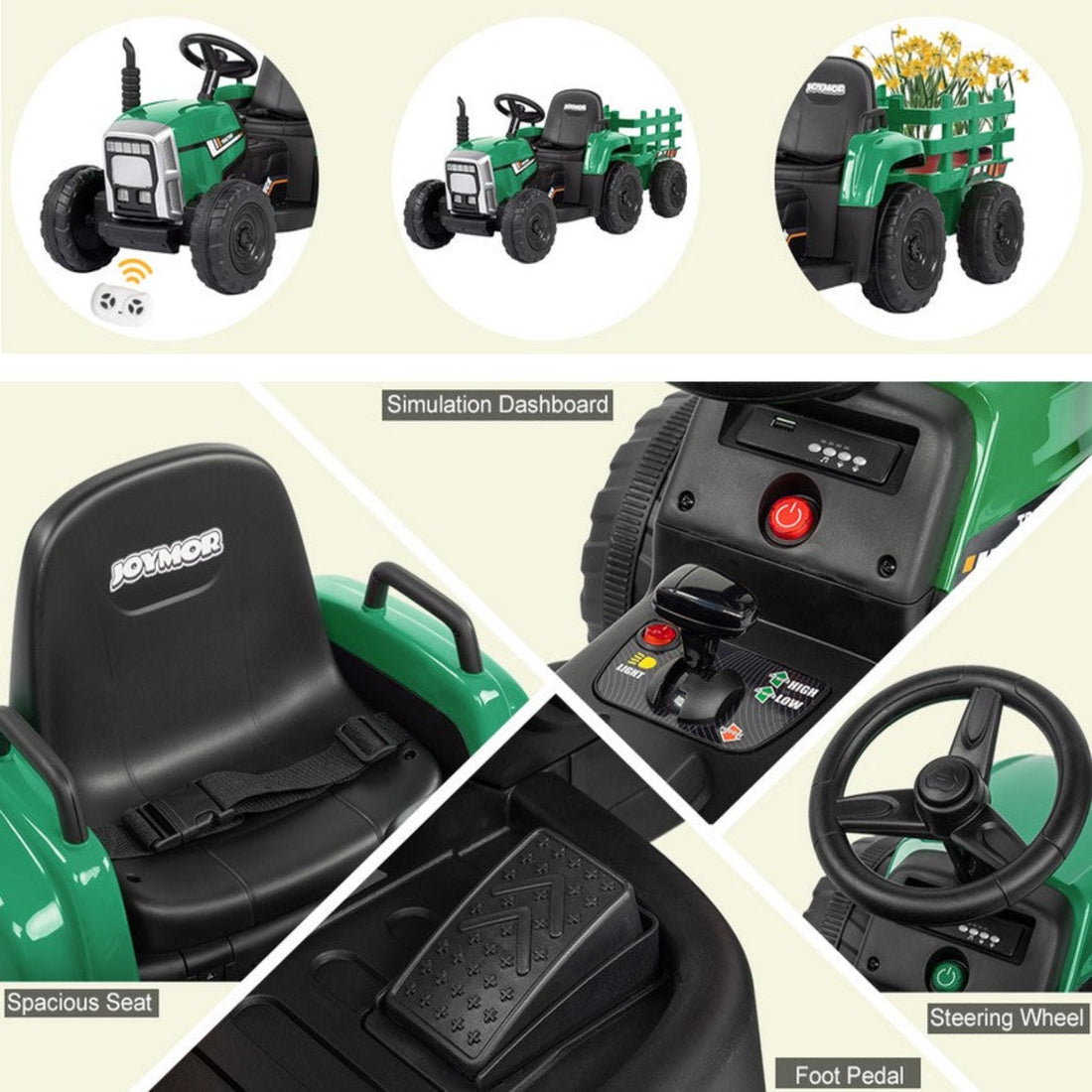 JOYMOR Ride on Tractor w/ Trailer 12V Electric Toy Tractor w/ Remote ...